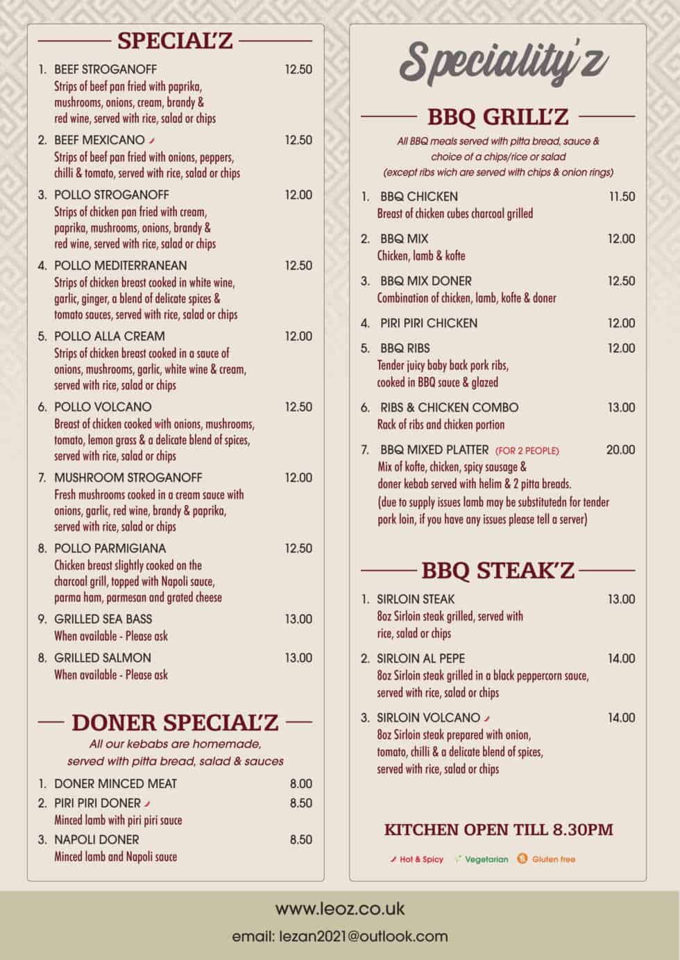 Menus - Leo'z Restaurant, Bridlington