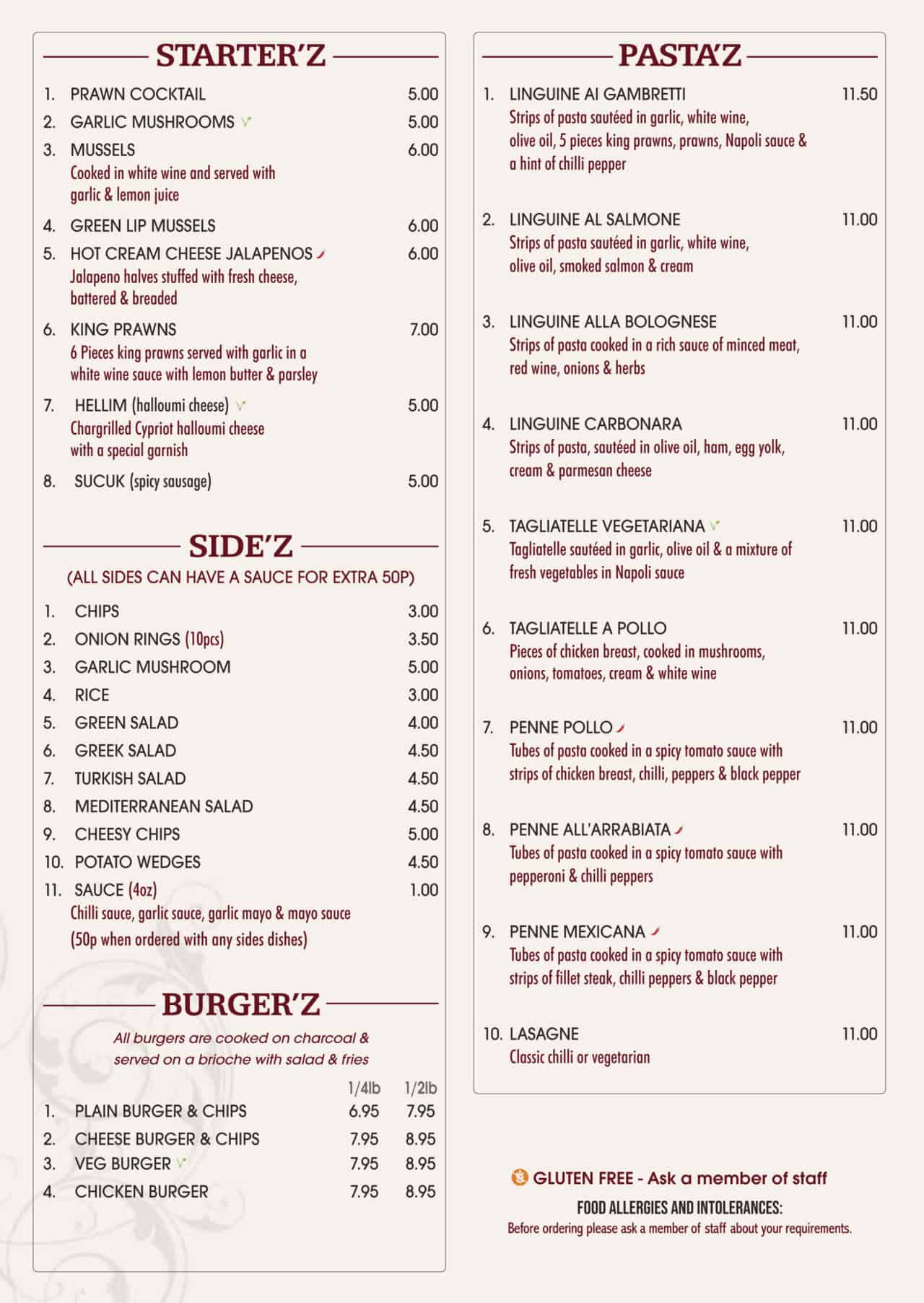 Menus - Leo'z Restaurant, Bridlington